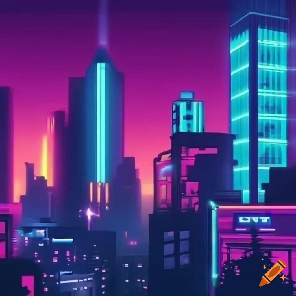 Neon cityscape in a video game style background on Craiyon