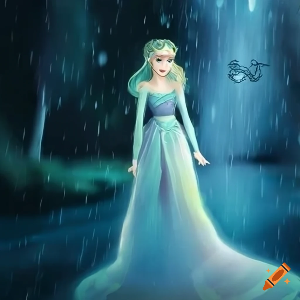 Princess standing in the rain on Craiyon