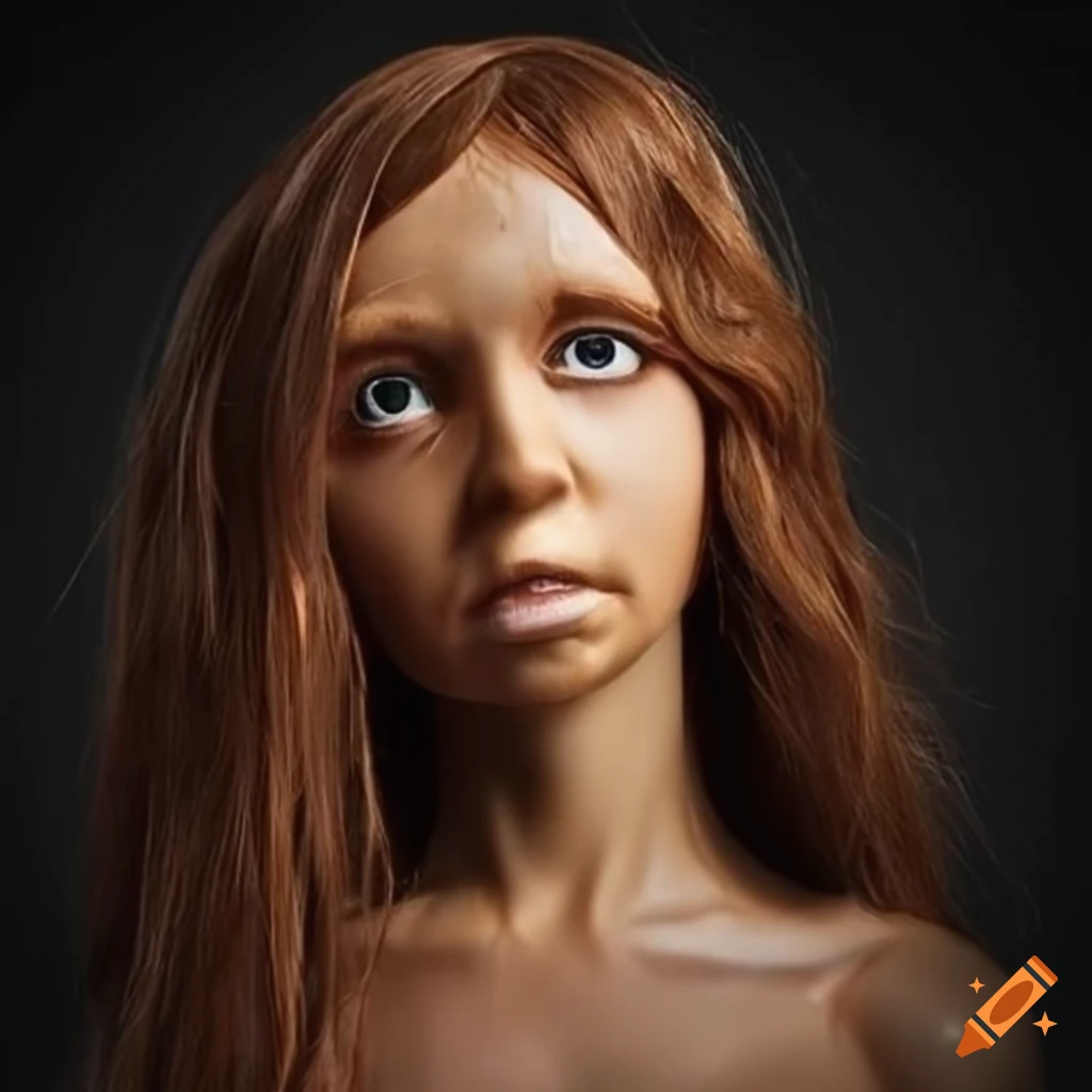 Realistic latex skin puppet with long brown hair and brown eyes on Craiyon