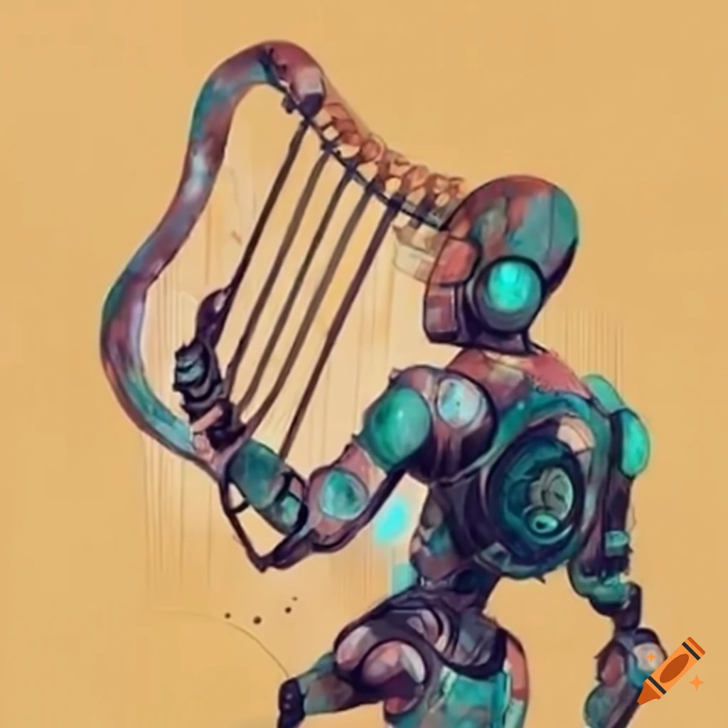 Futuristic humanoid robot playing a lyre harp on Craiyon