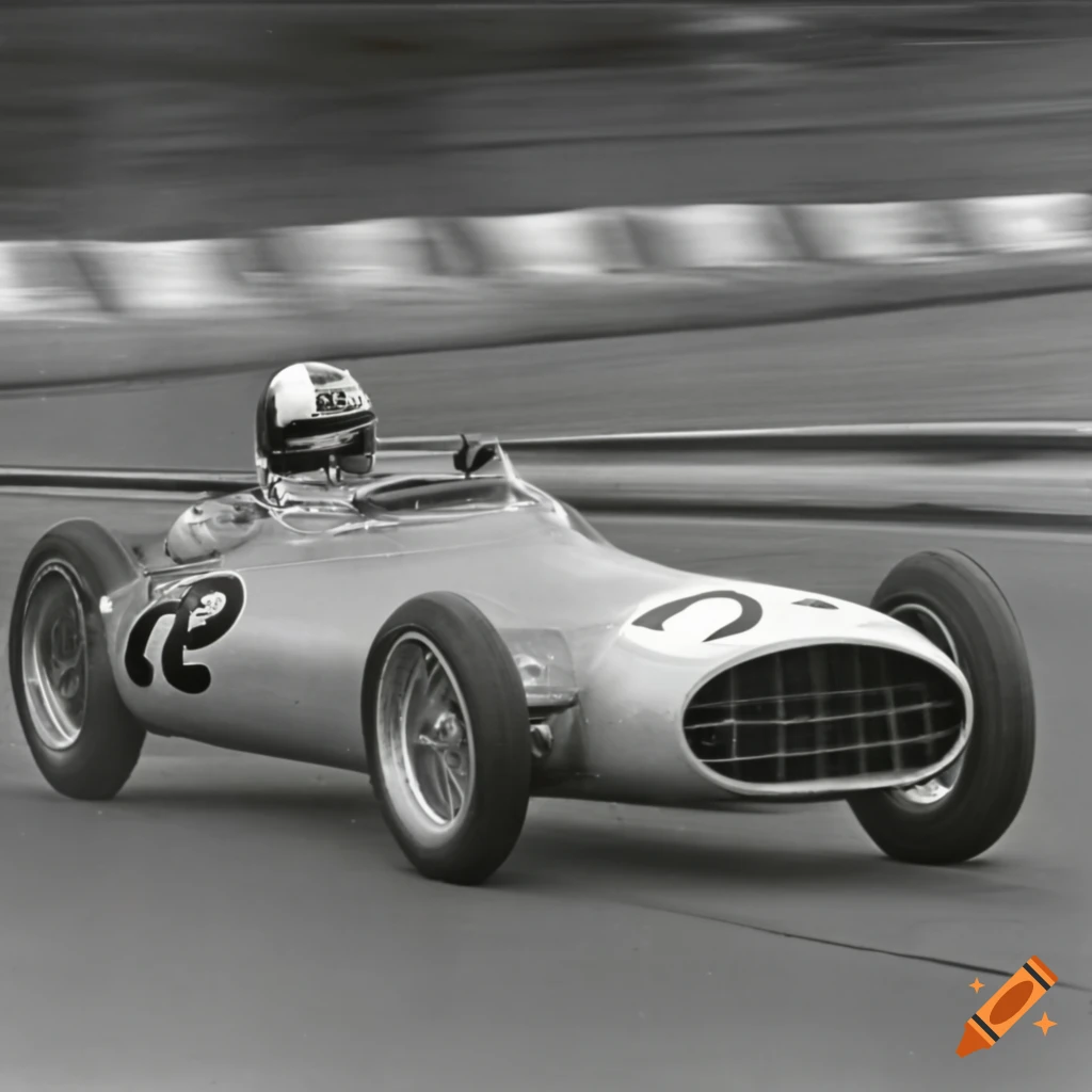 Vintage realistic f1 competition car and driver in a 1960's photo on Craiyon