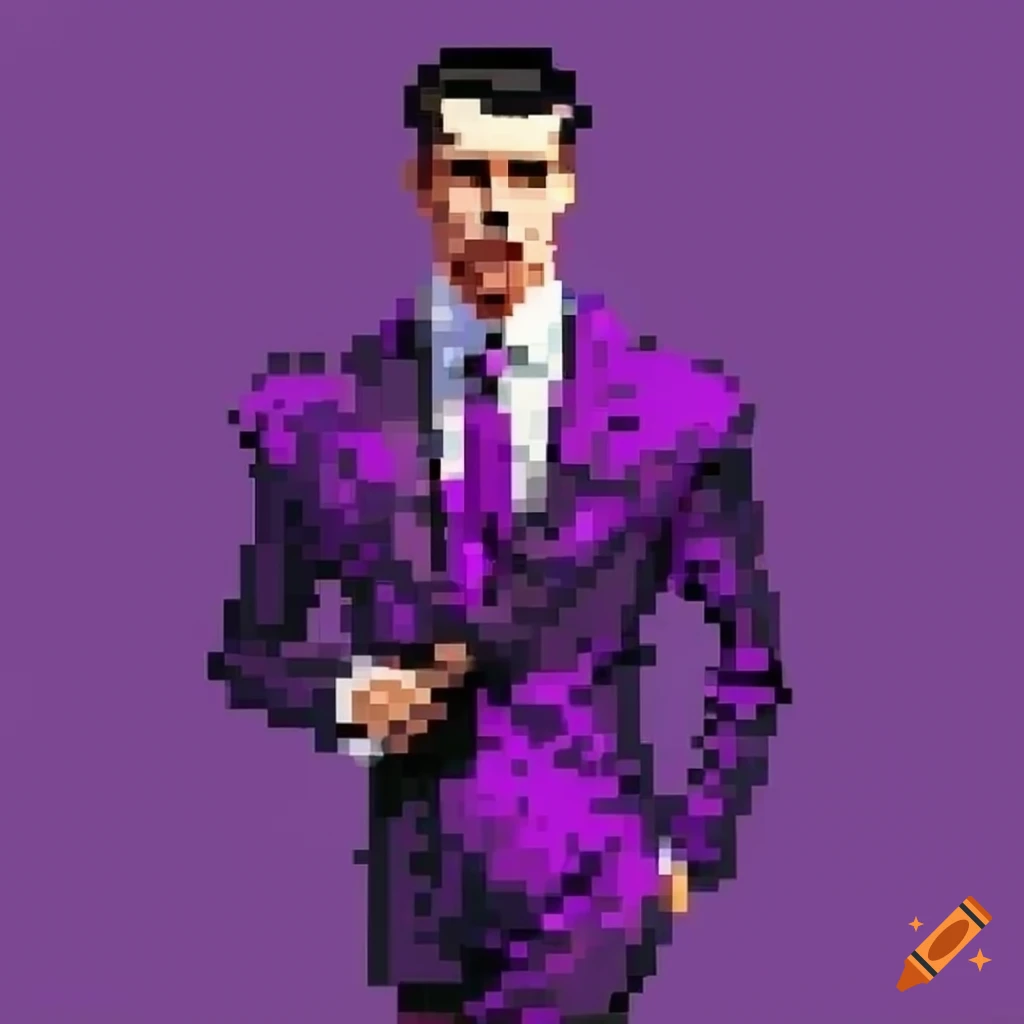 Vibrant pixel art of a man in a purple suit on Craiyon