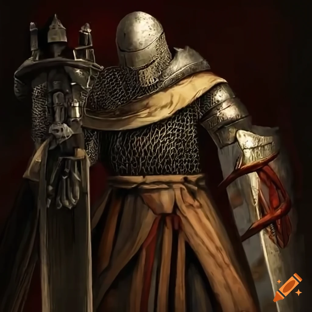 Old knight pounding on castle gate with a giant sword on Craiyon