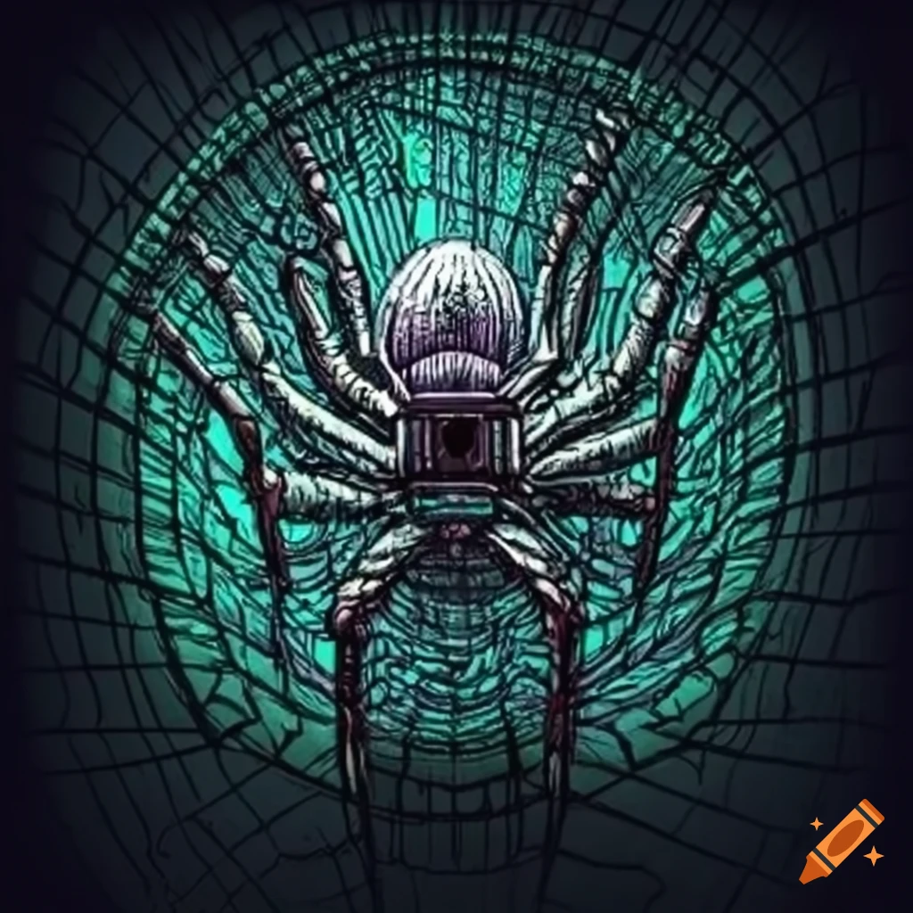 Artistic illustration of a mechanical spider with steam drive in a web ...