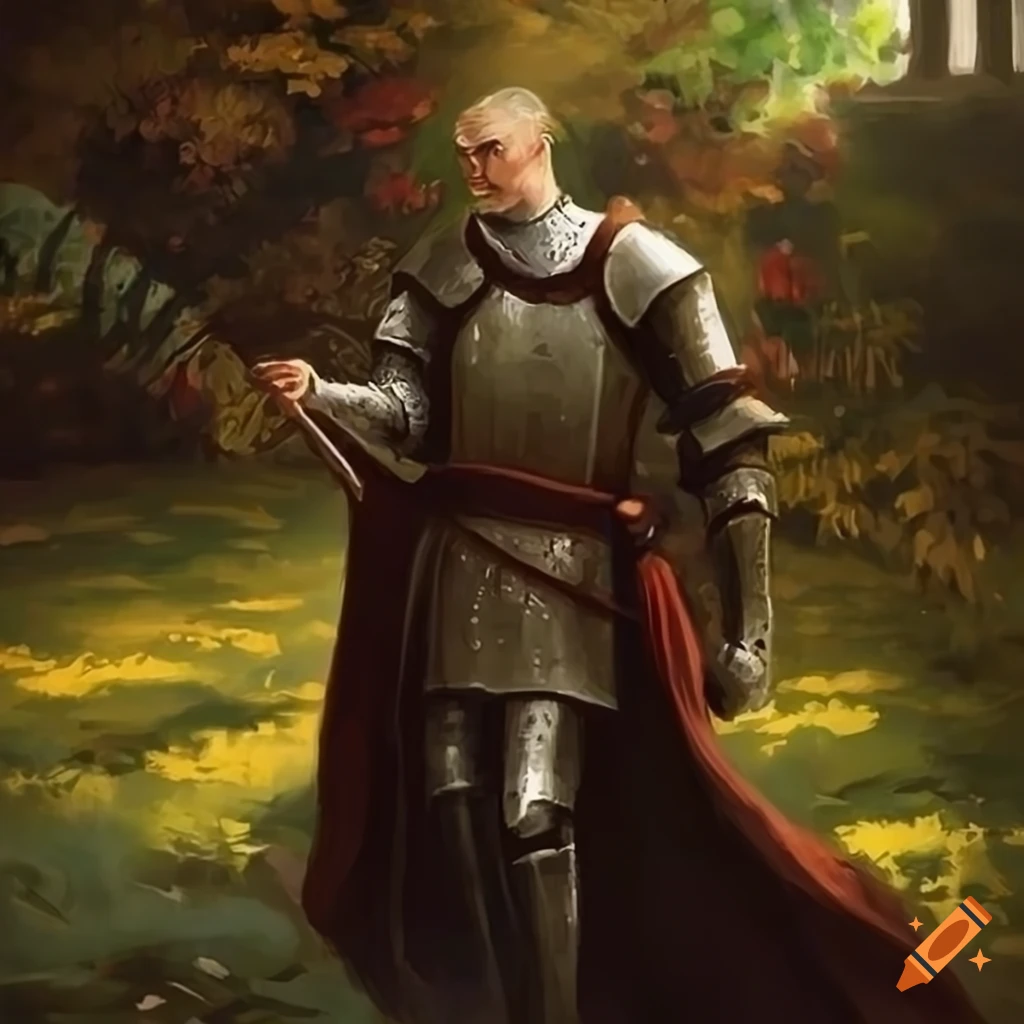 Knight in a garden painting with a fantasy aesthetic on Craiyon