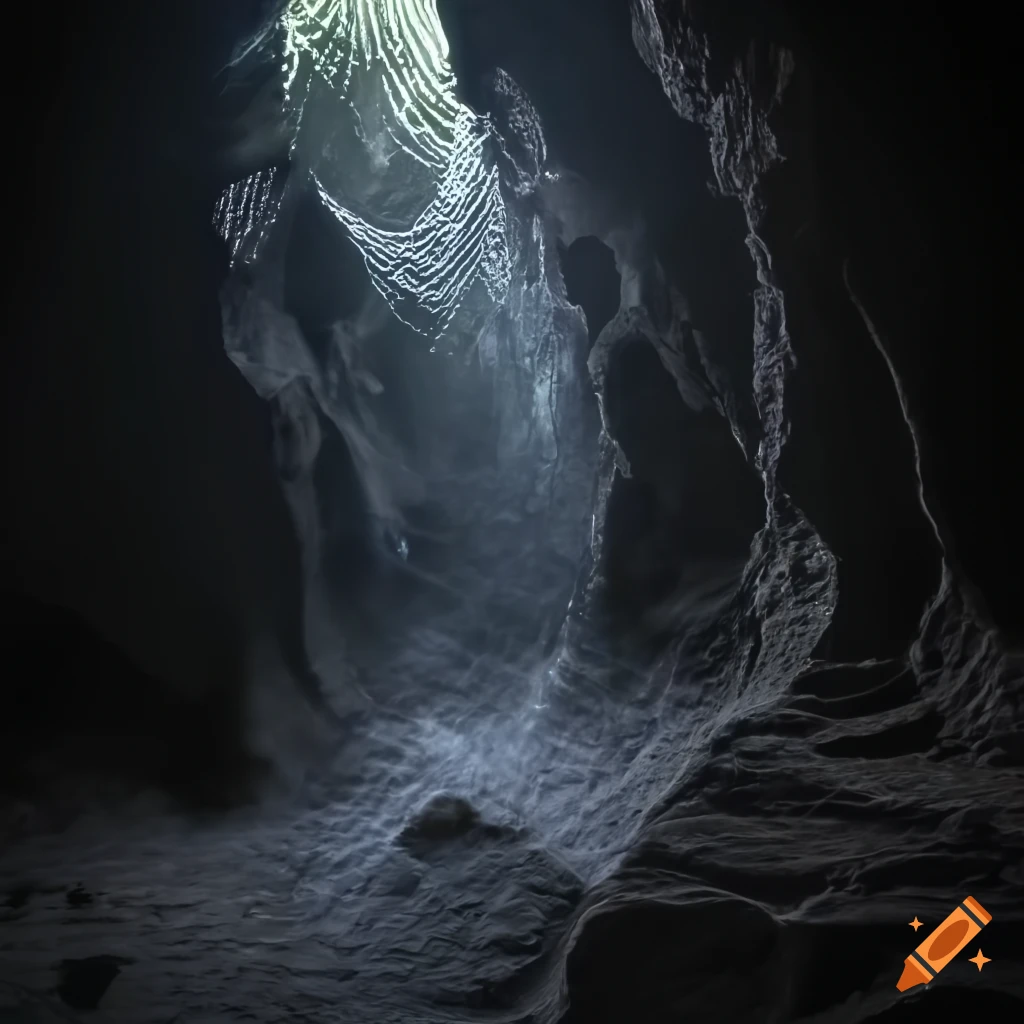 Spooky cave filled with spider webs on Craiyon