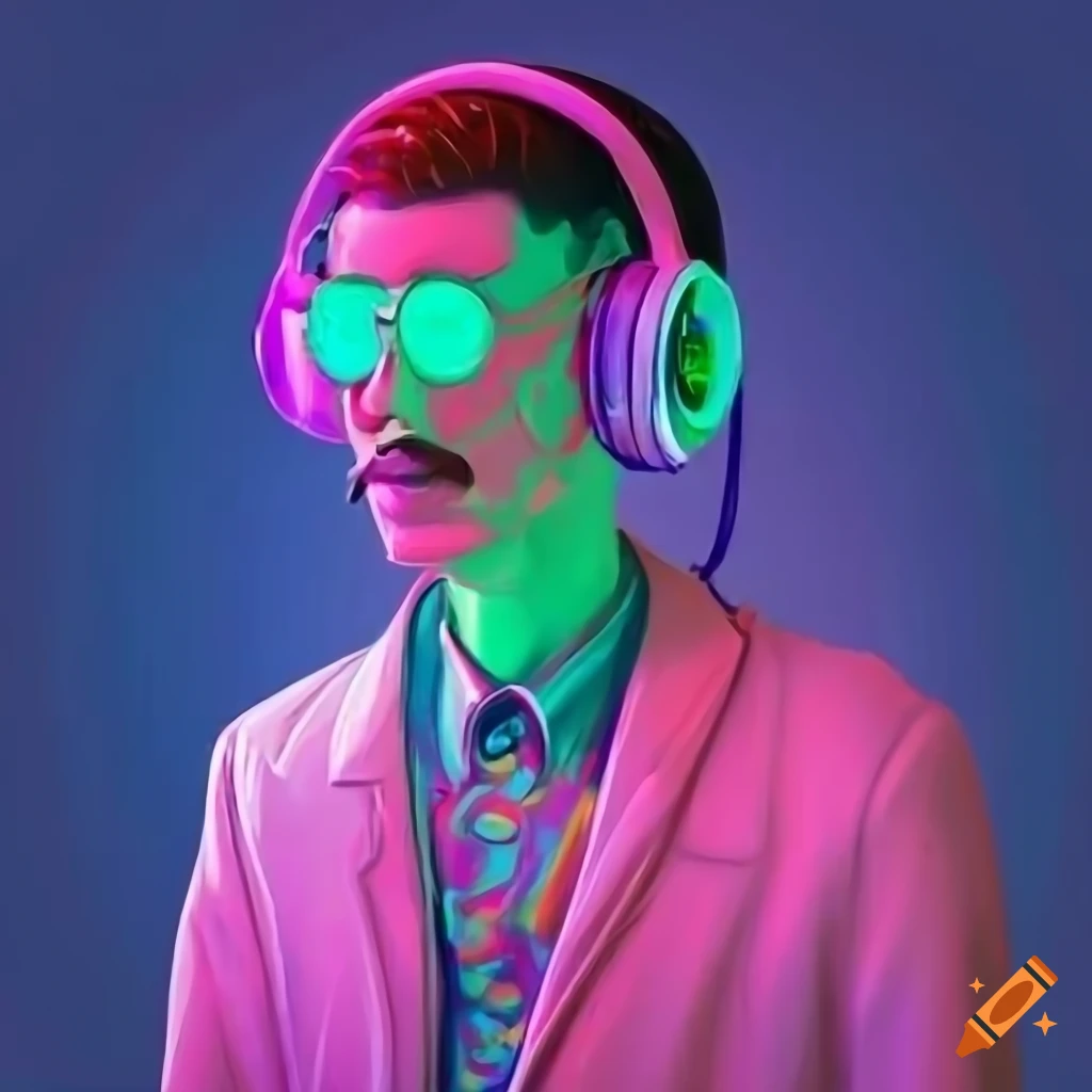 Anime portrait of a neon middle-aged vintage arcade owner man with ...