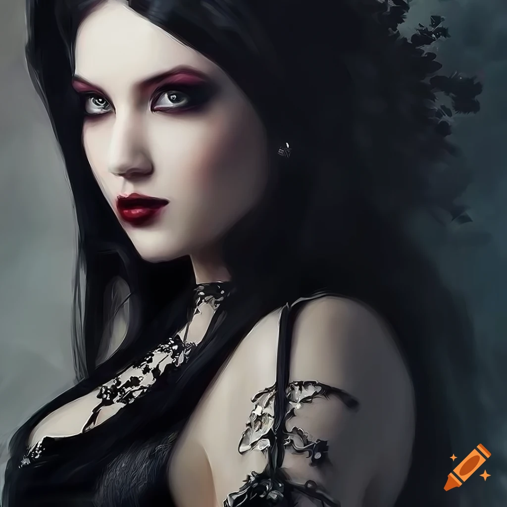 Gothic girl with black hair in a striking digital painting by various artists on Craiyon