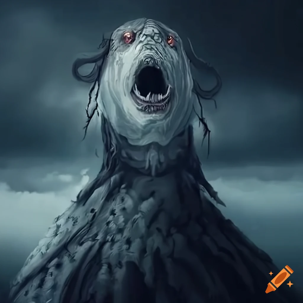 Mythological creatures flying through ominous clouds in an epic scene on Craiyon