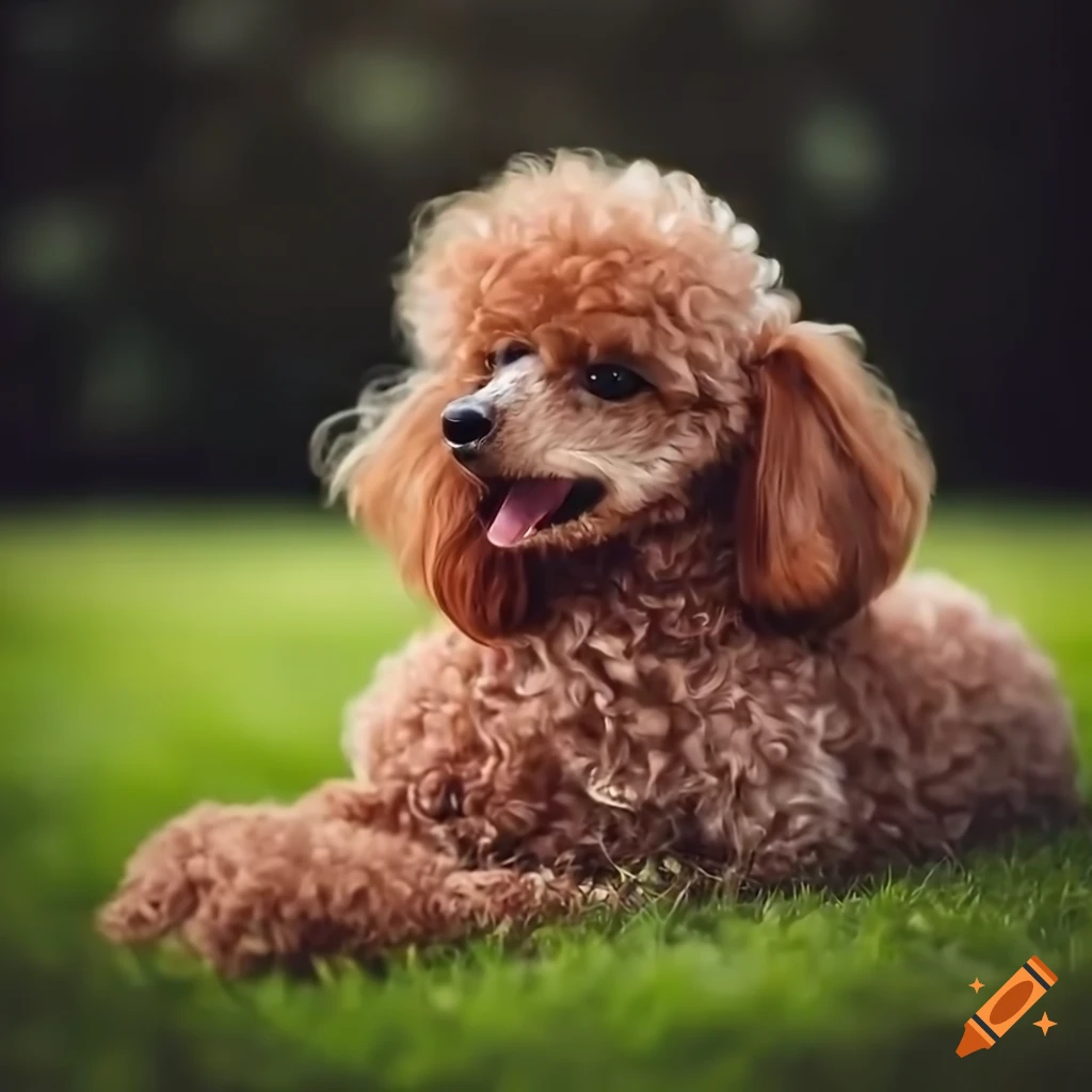 Cute toy poodle lying on grass in the park on Craiyon