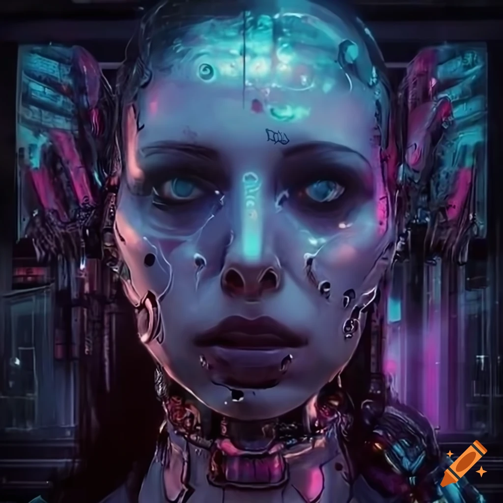 Female cyborg goddess in a cyberpunk cityscape on Craiyon