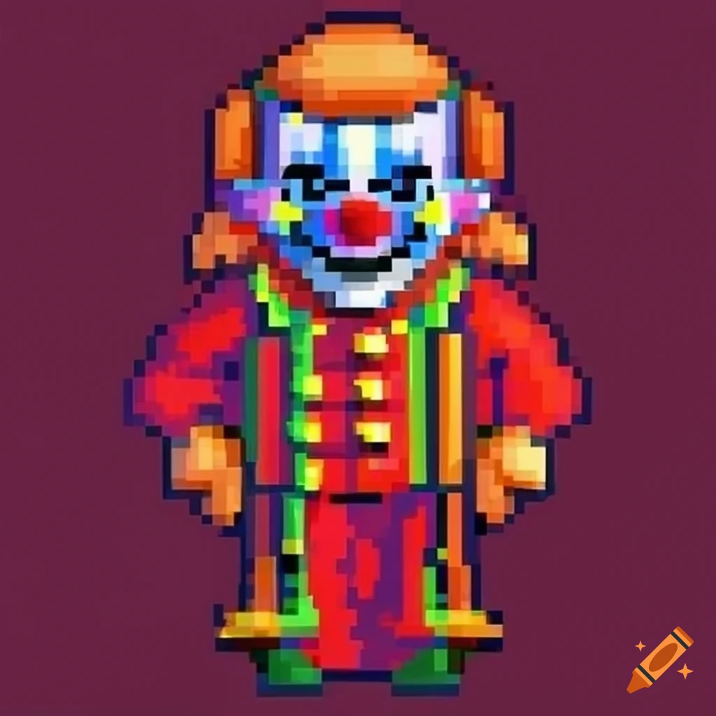 Vibrant pixel art of a clown in a red suit on Craiyon
