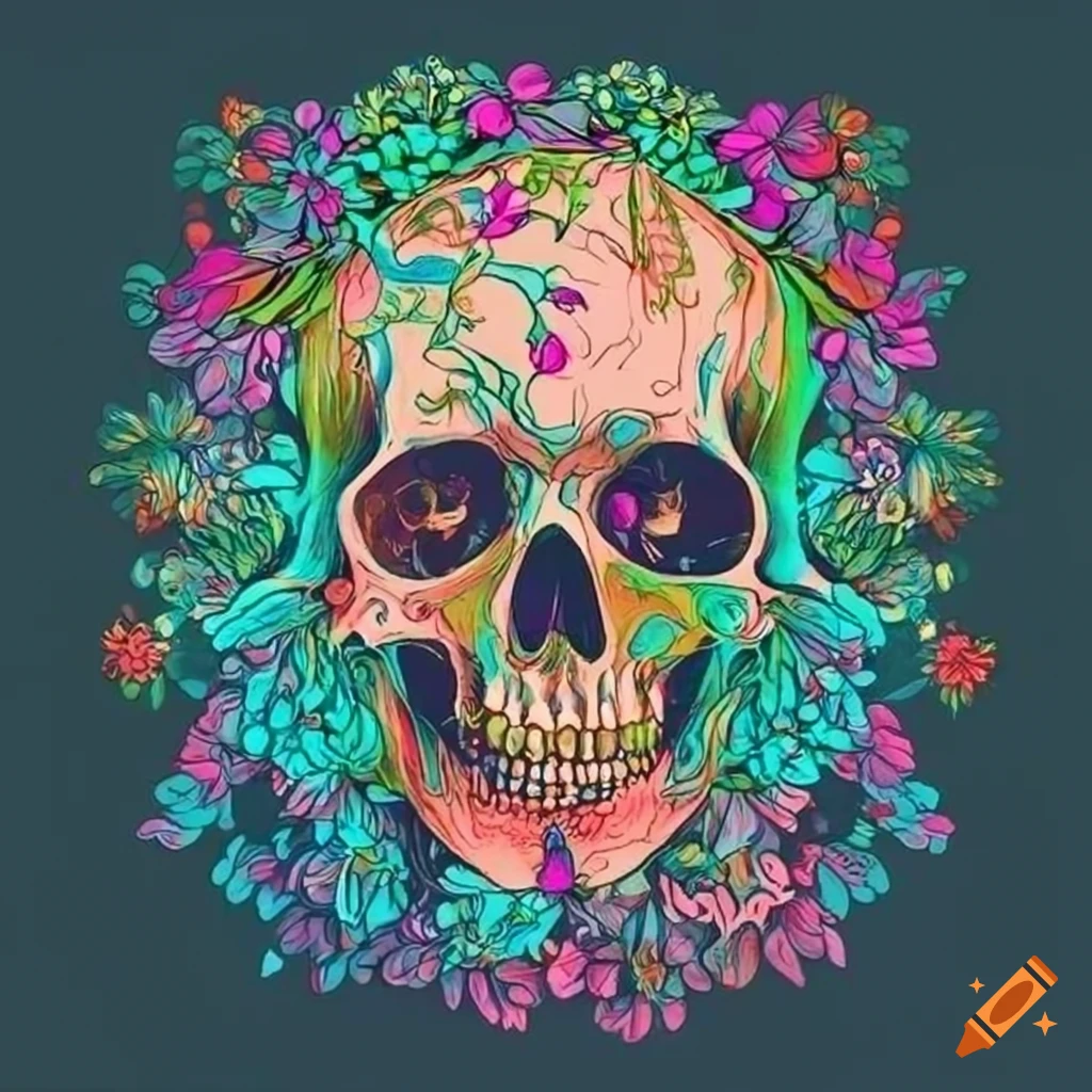 Human skull covered with flowers in elegant line art on Craiyon