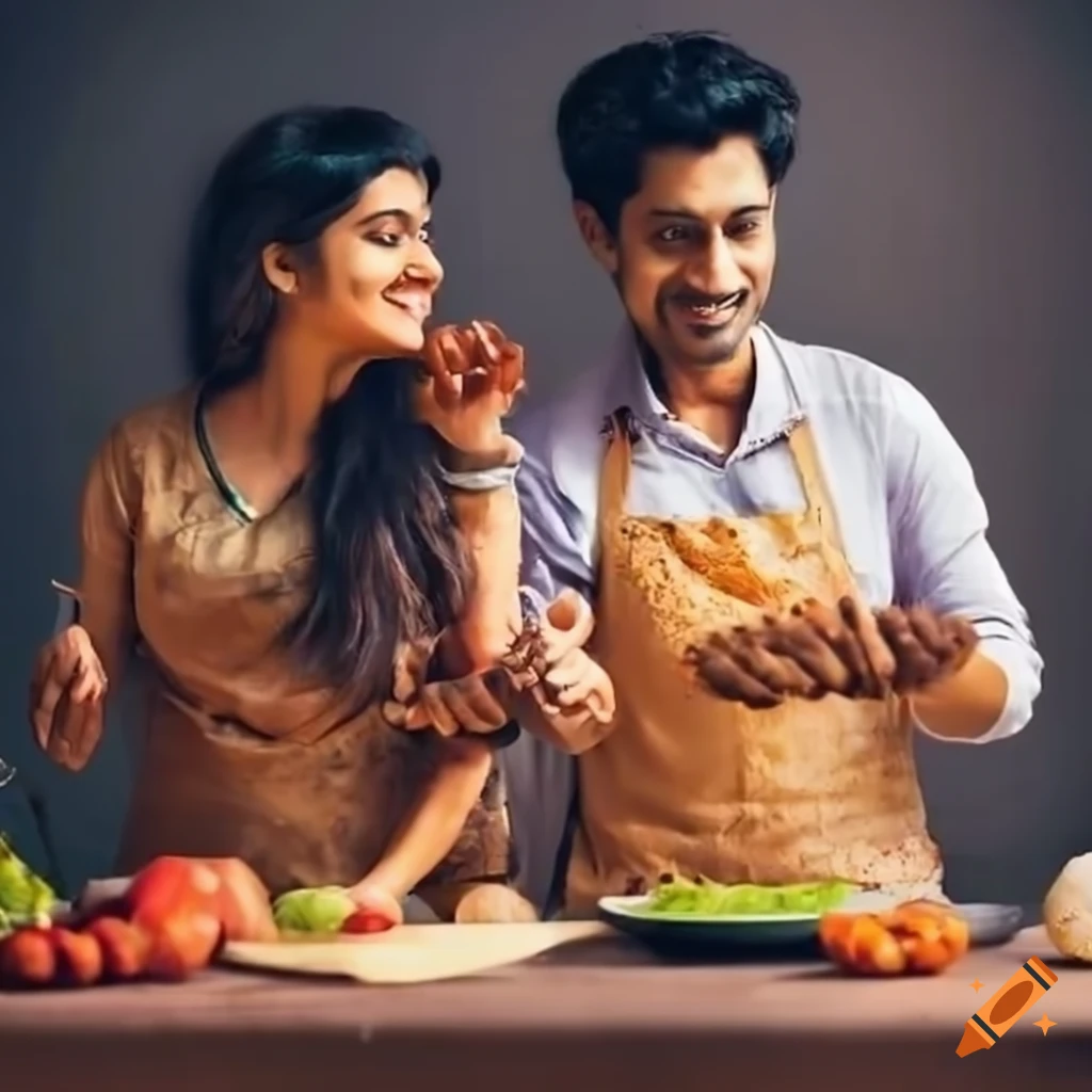 Indian couple cooking together in the kitchen on Craiyon