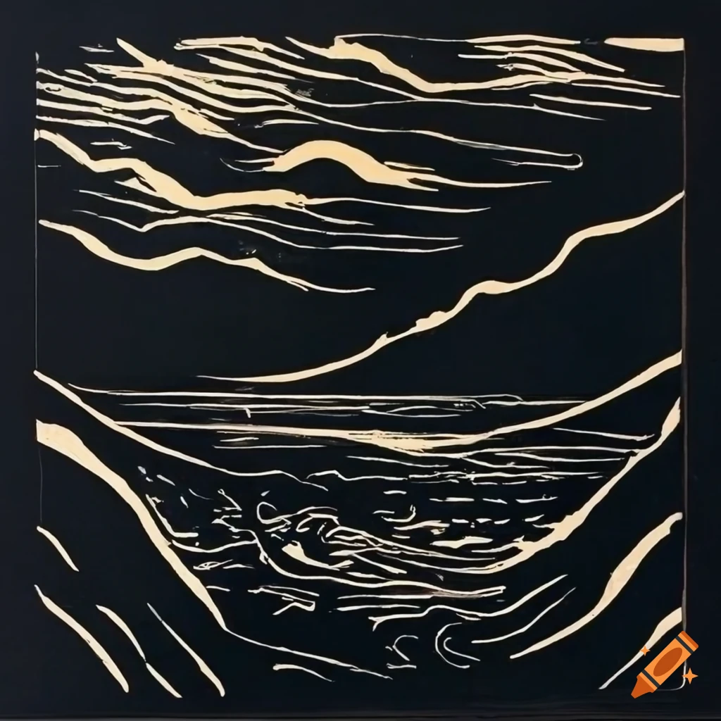 Seascape created in picasso black linocut style on Craiyon