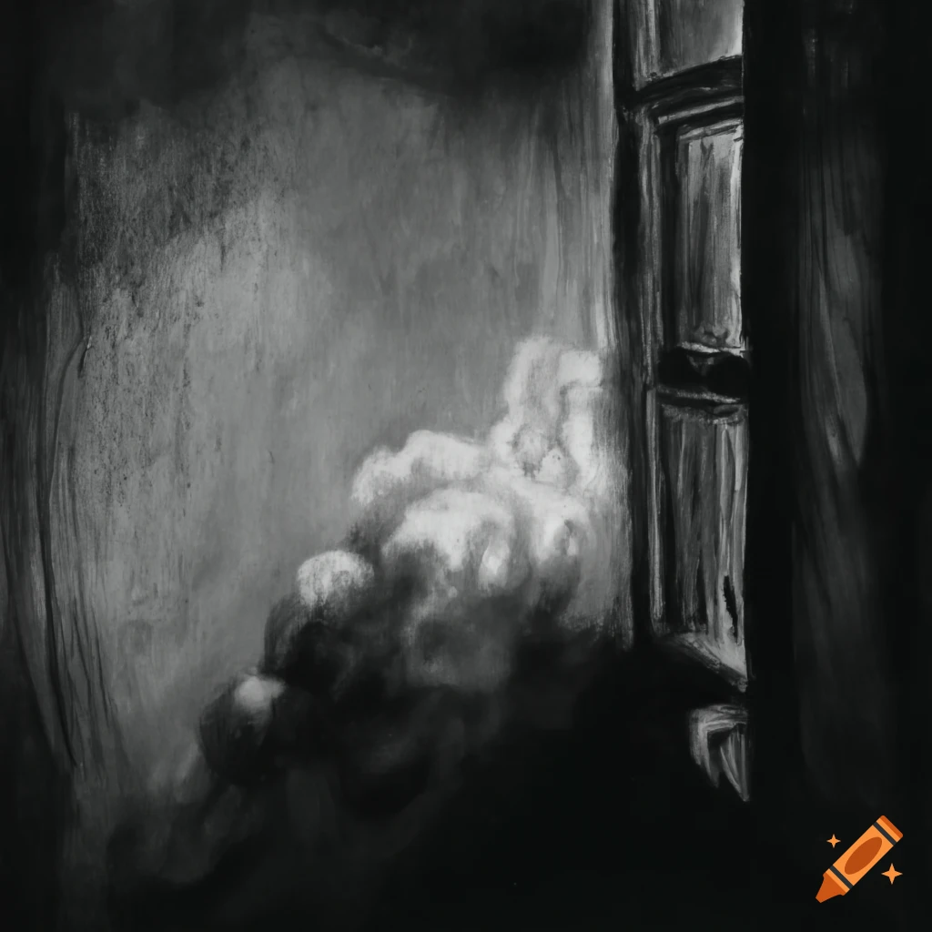 Cloud seen through window in cottage room, charcoal drawing on Craiyon