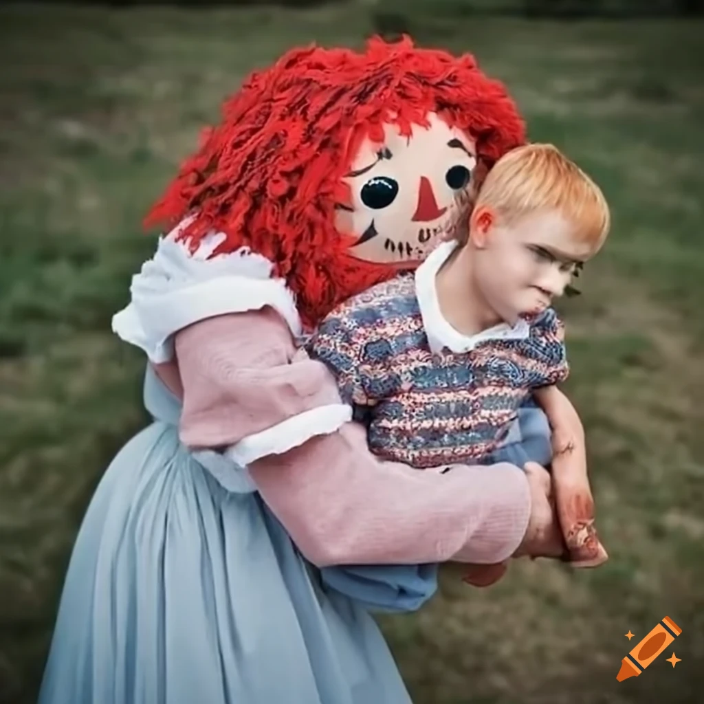 Whimsical scene of raggedy ann carrying a shy boy on Craiyon