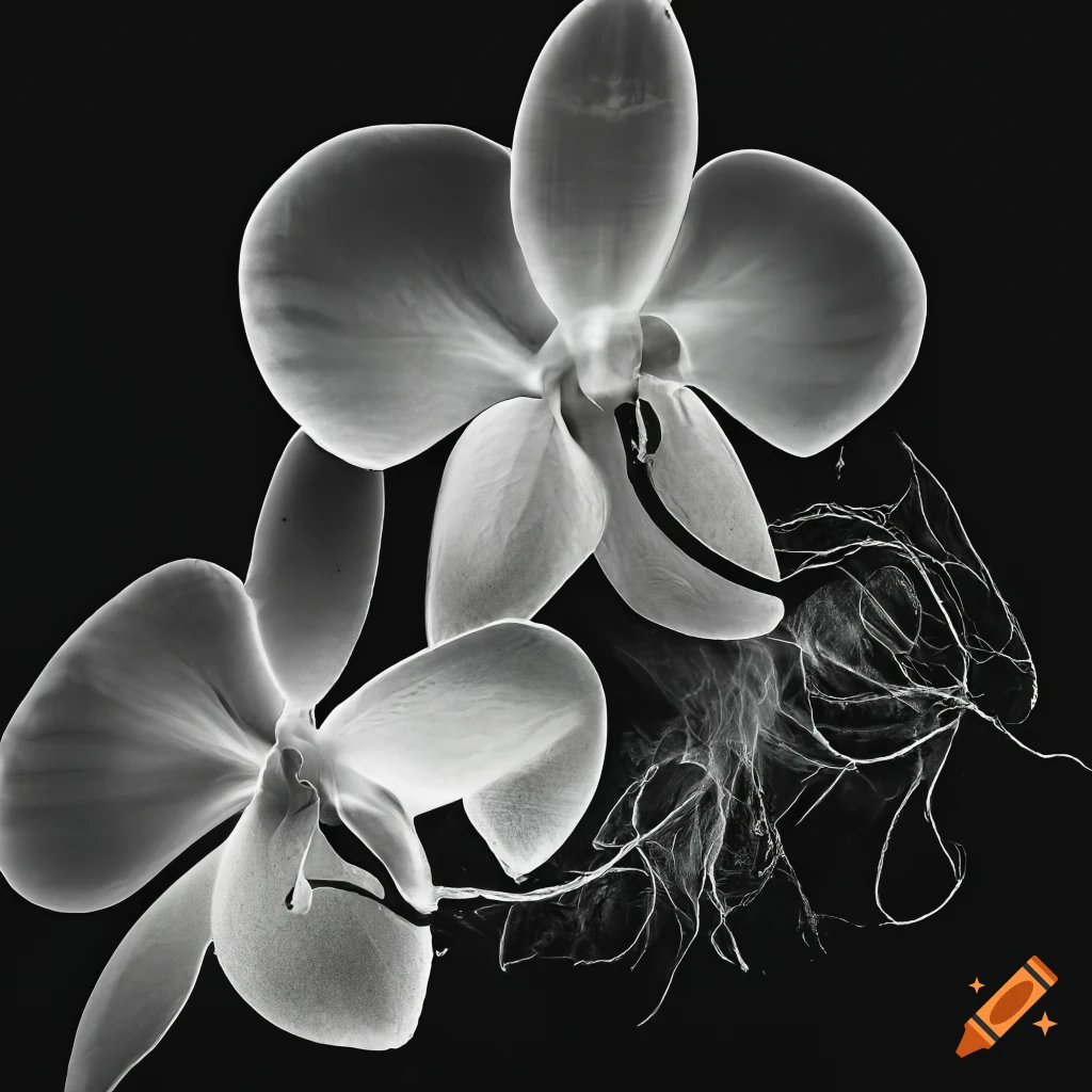 Black and white silk screen image with biomechanical x-ray and orchids on Craiyon