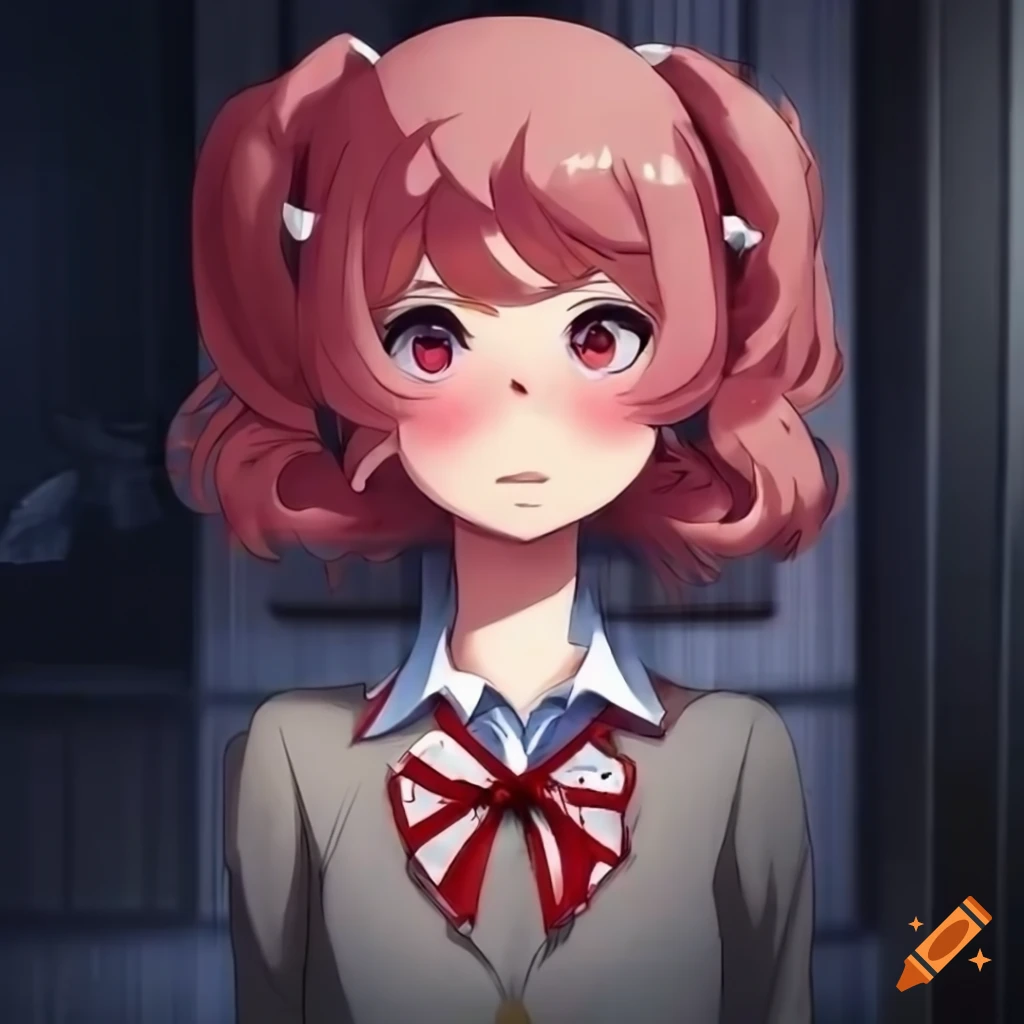 Natsuki holding a massive burger with sharp teeth and wide pink eyes ...