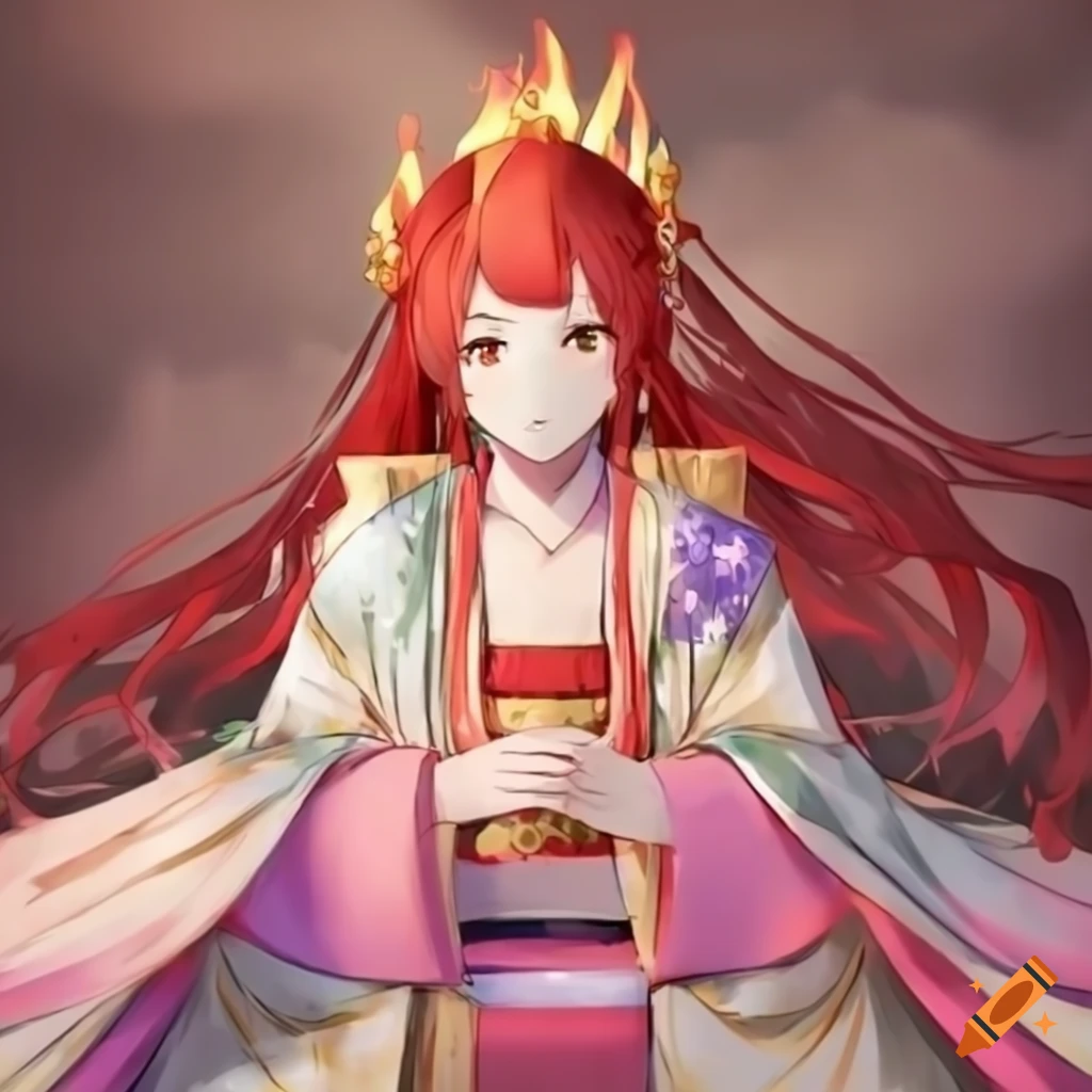 Anime wise queen with crown of fire in a pink and gold kimono on Craiyon