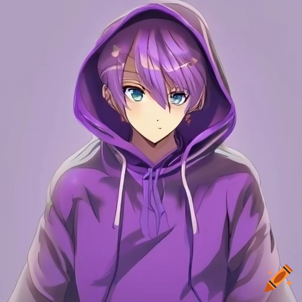 Character in purple hoodie with anime-style upper body on Craiyon