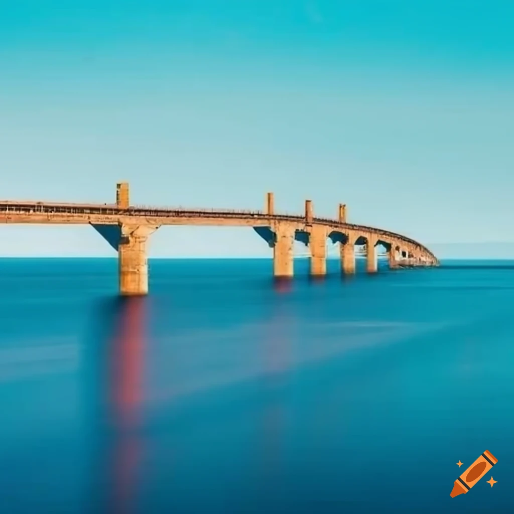Tall bridge over the ocean with multiple train tracks extending on Craiyon