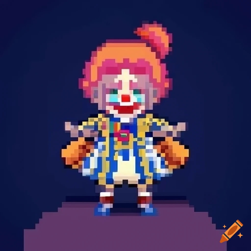 Pixel art of a battle-ready clown girl on Craiyon