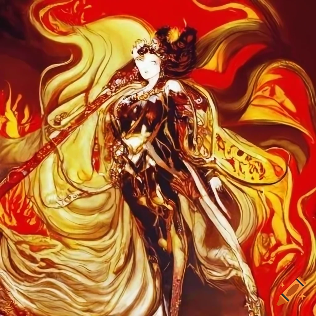 Imperial fire queen armored cleric priestess in yoshitaka amano art ...
