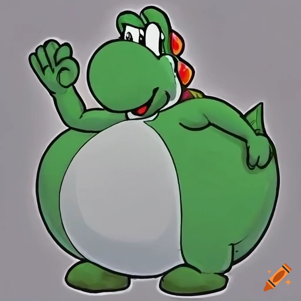 Hand-drawn illustration of green Yoshi from Super Mario Bros with a ...