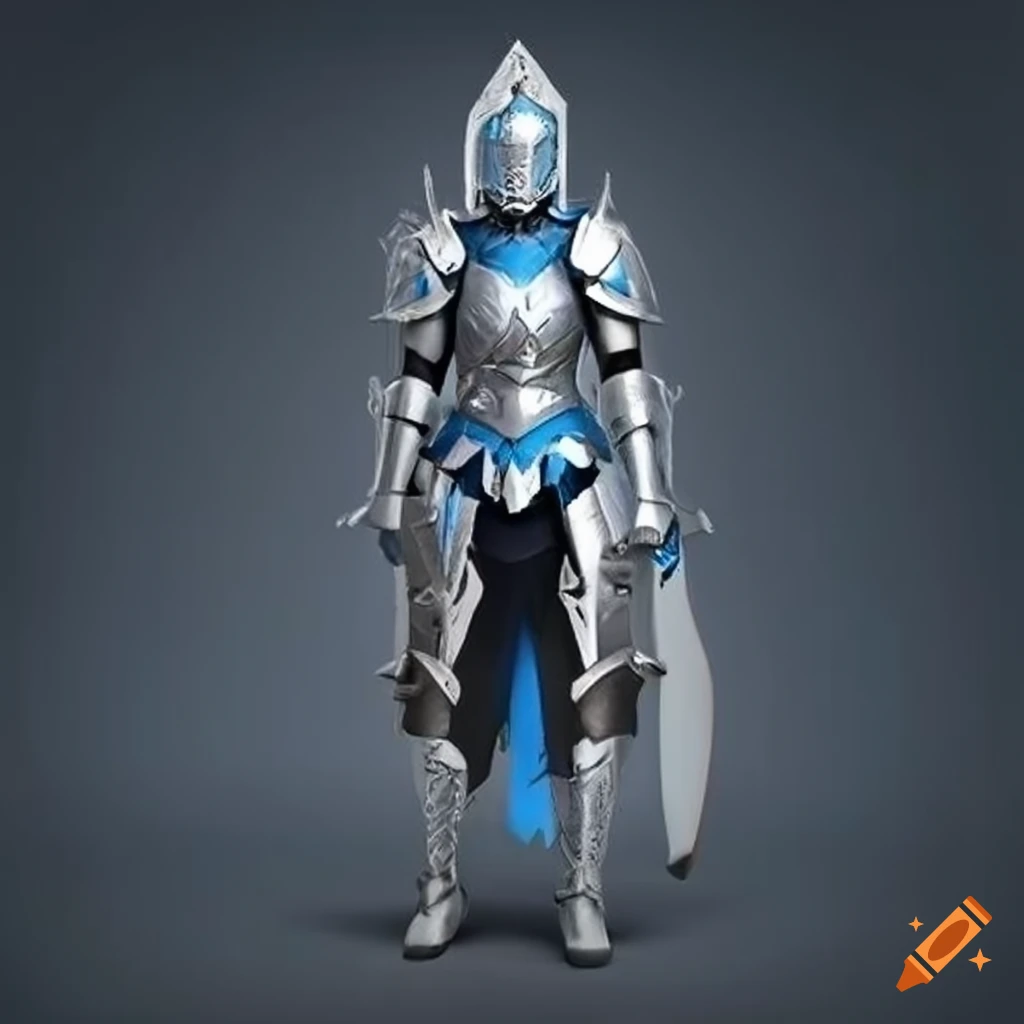 White and blue female knight in full armor with helmet on Craiyon