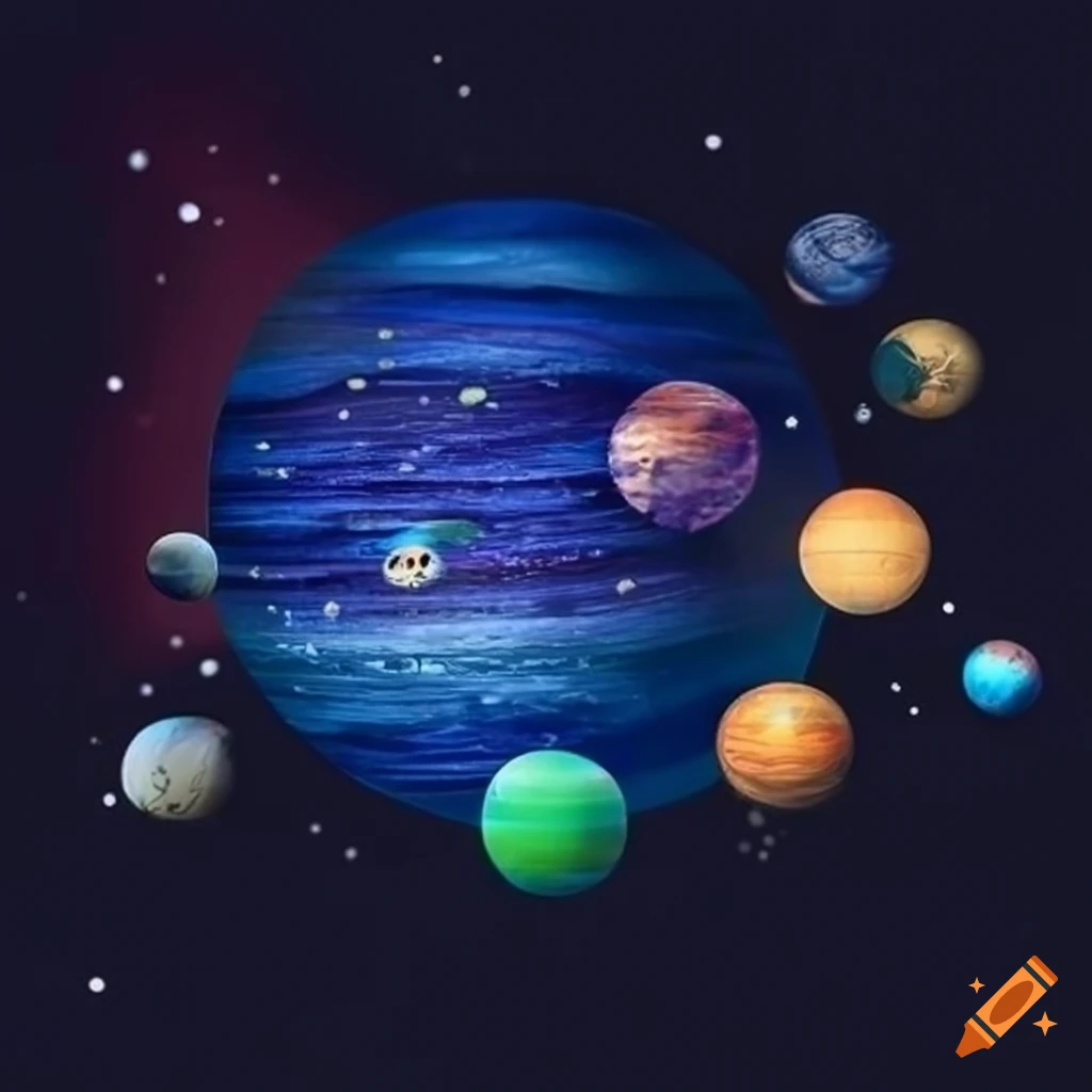 Colorful origami paper and planets in a solar system game on Craiyon