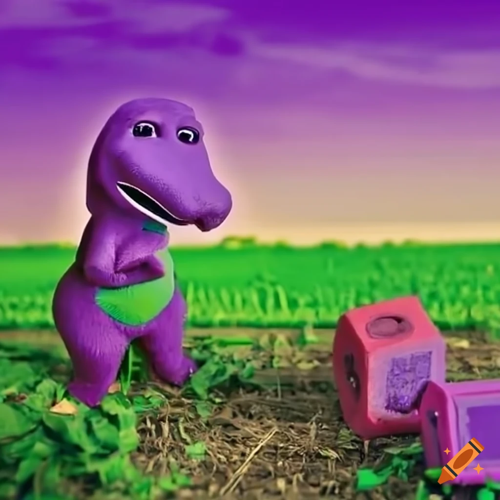 Barney farming with purple blocks in field on Craiyon