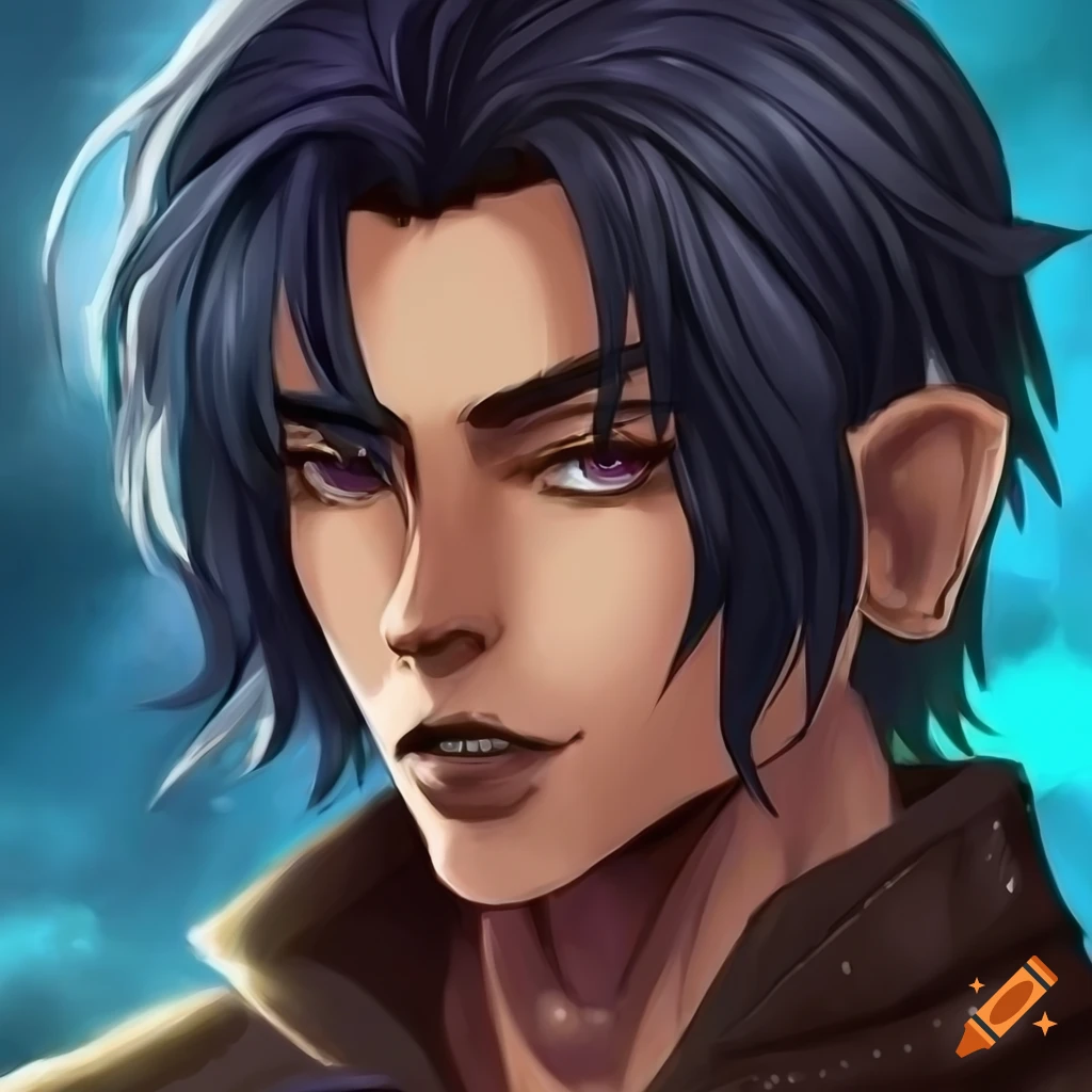 Portrait of a fair skinned male half elf wizard with short black hair ...