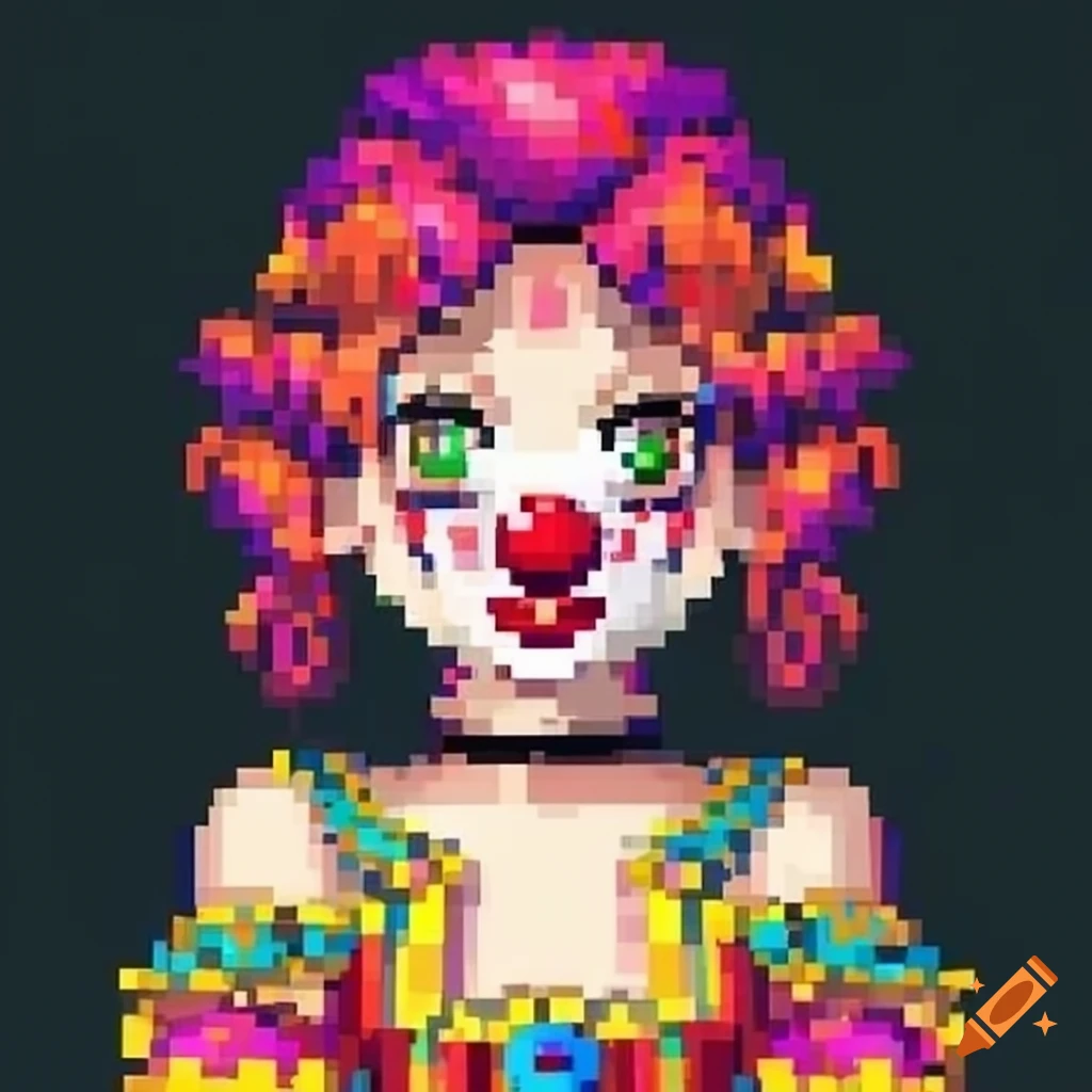 Vibrant pixel art of a cute clown girl on Craiyon