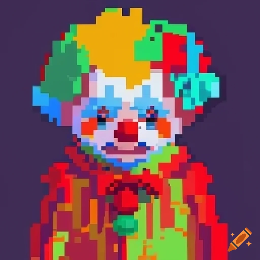 Vibrant pixel art of a cute clown in a red suit on Craiyon