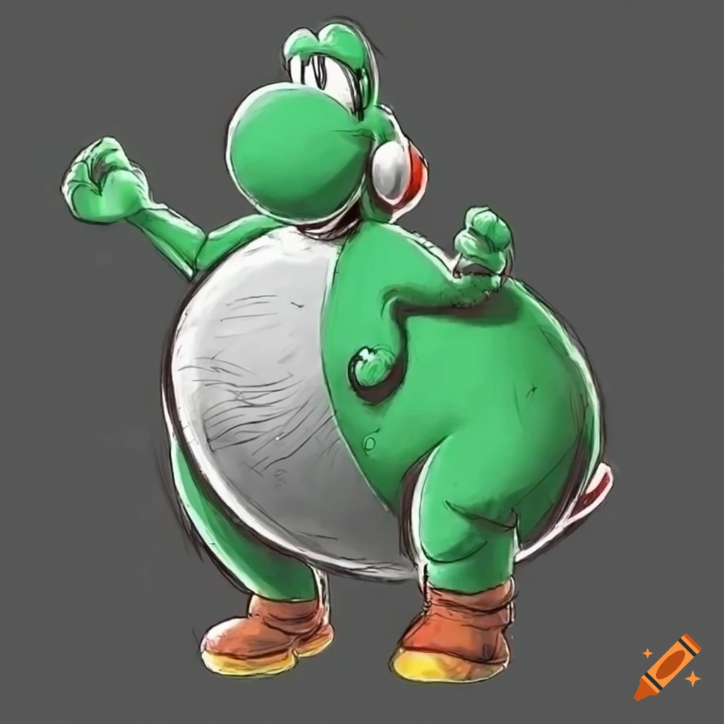 Hand-drawn illustration of green Yoshi from Super Mario Bros. with ...