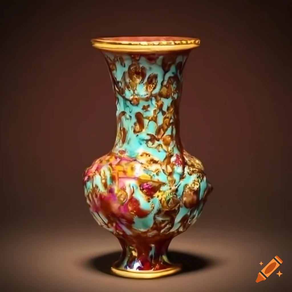Antique vase shattering into colorful shards in slow motion on Craiyon