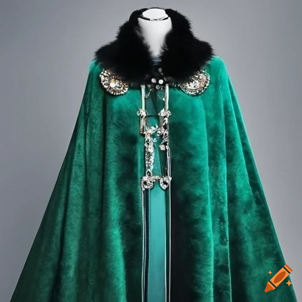 Emerald green velvet pelican cloak with black fur trim and silver ...