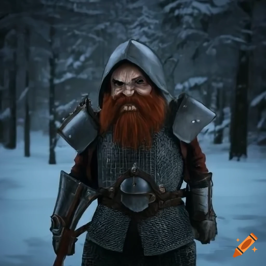 Portrait of a dwarf medieval soldier in battered armor in a snowy ...