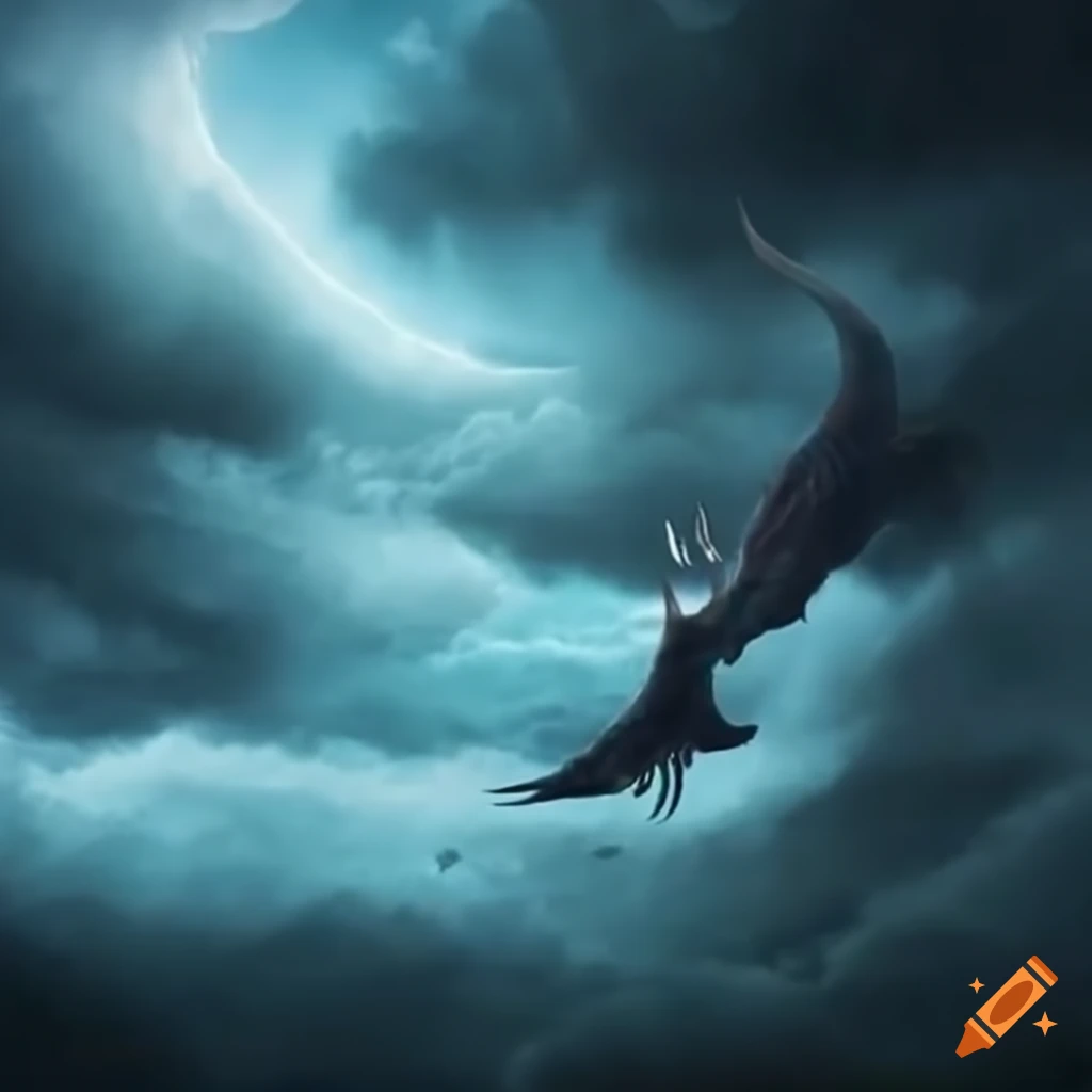 Mythological creatures flying through ominous clouds in an epic scene on Craiyon