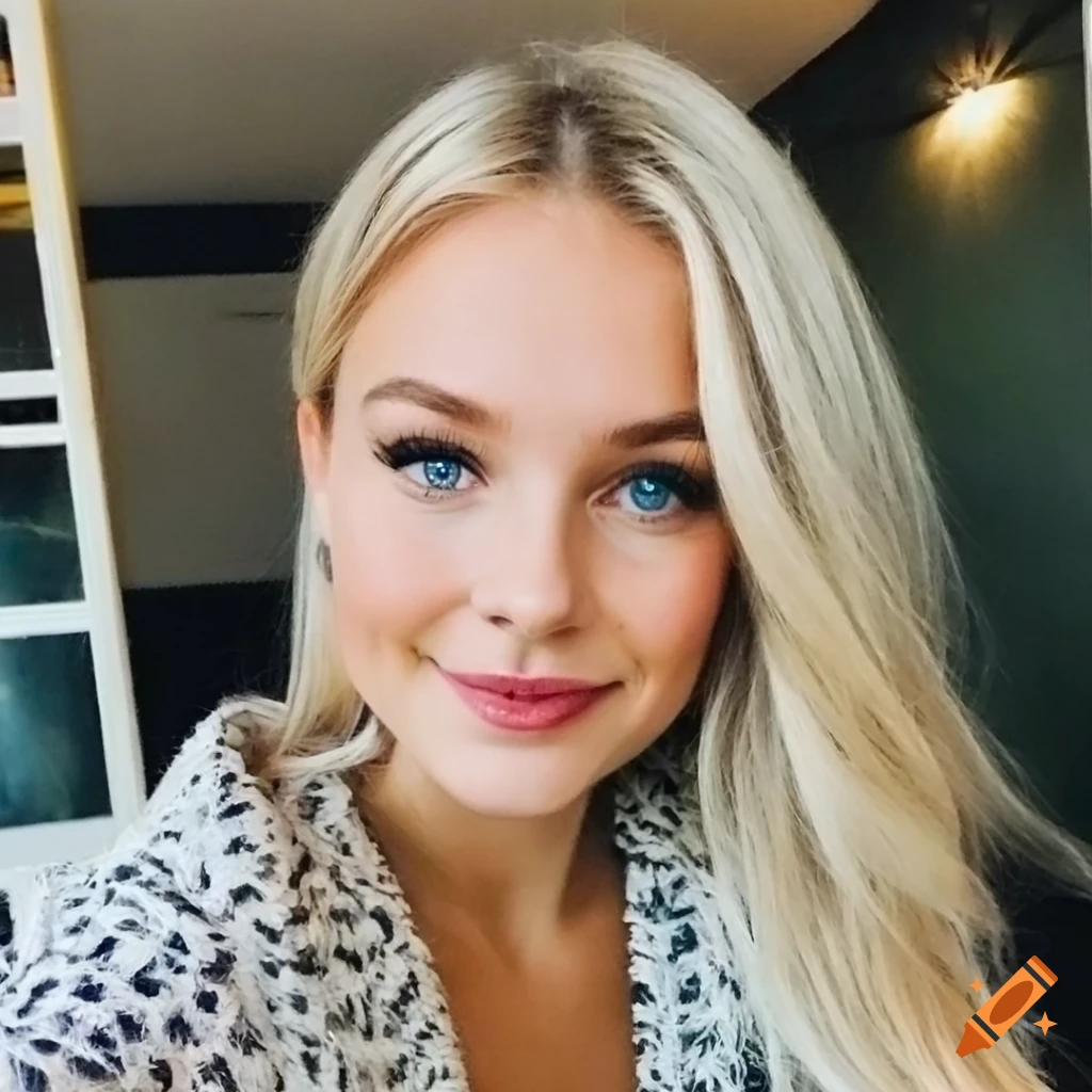 Portrait of a friendly nordic girl with light eyes and blonde hair in ...