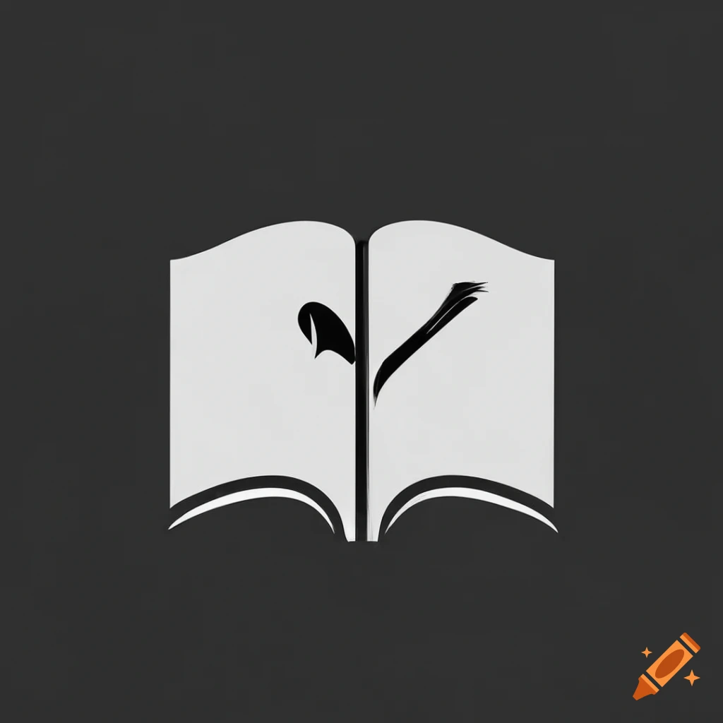 Minimalist logo of an open book with writing pen in black and white on ...