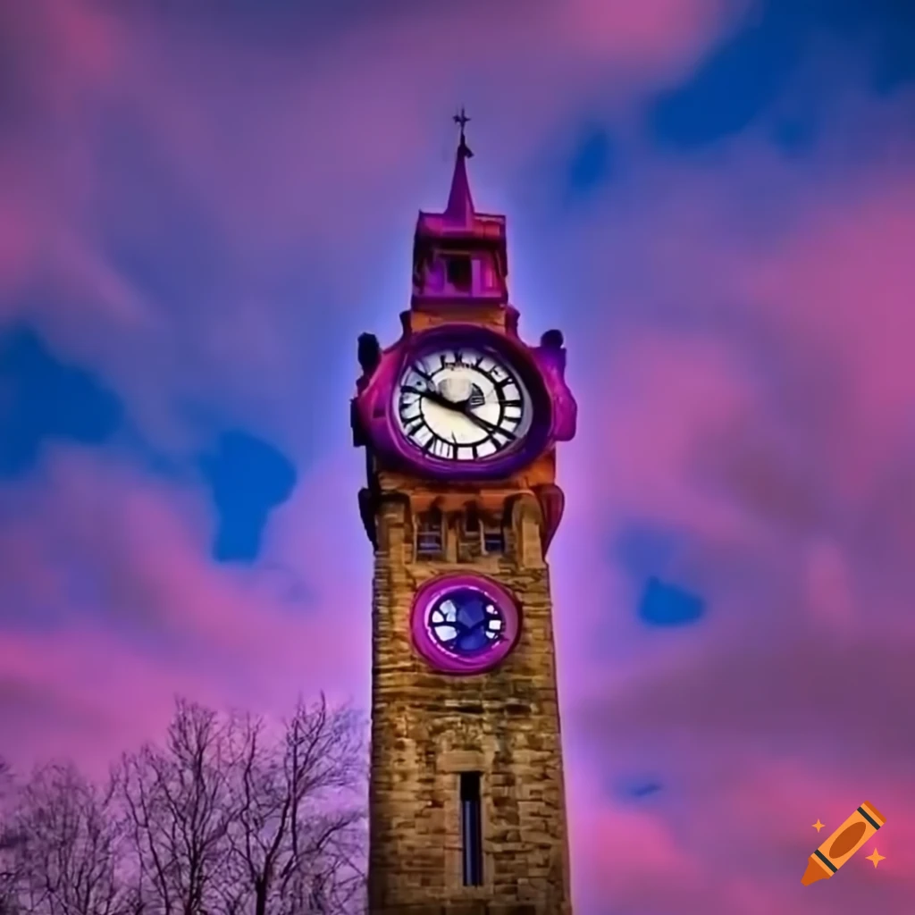 Clock tower with pink, purple, and blue color transitions on Craiyon