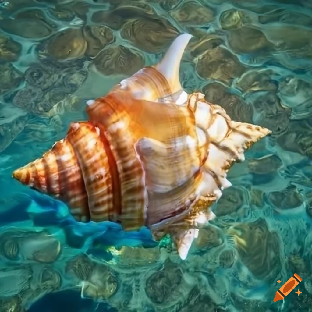 Golden conch shell adorned with feathers under clear shallow water on ...