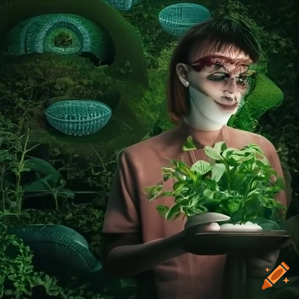 Futuristic garden city with a botanist caring for plants on Craiyon