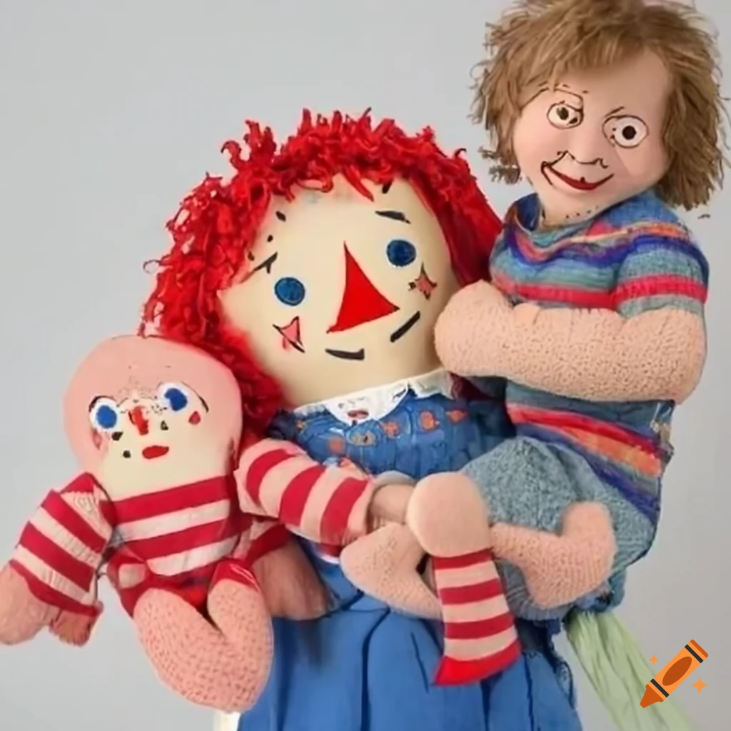 Whimsical scene with raggedy ann carrying a shy boy on Craiyon