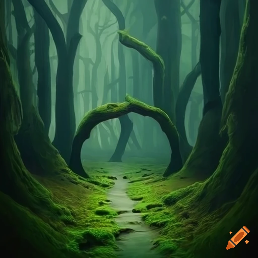 Dark forest path with moss-covered strange trees in fantasy art on Craiyon