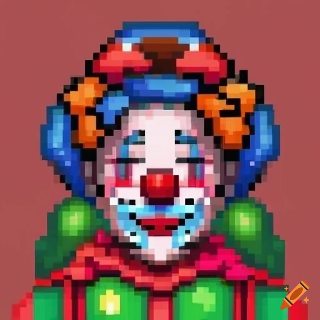 Vibrant pixel art of a cute clown in a red suit on Craiyon