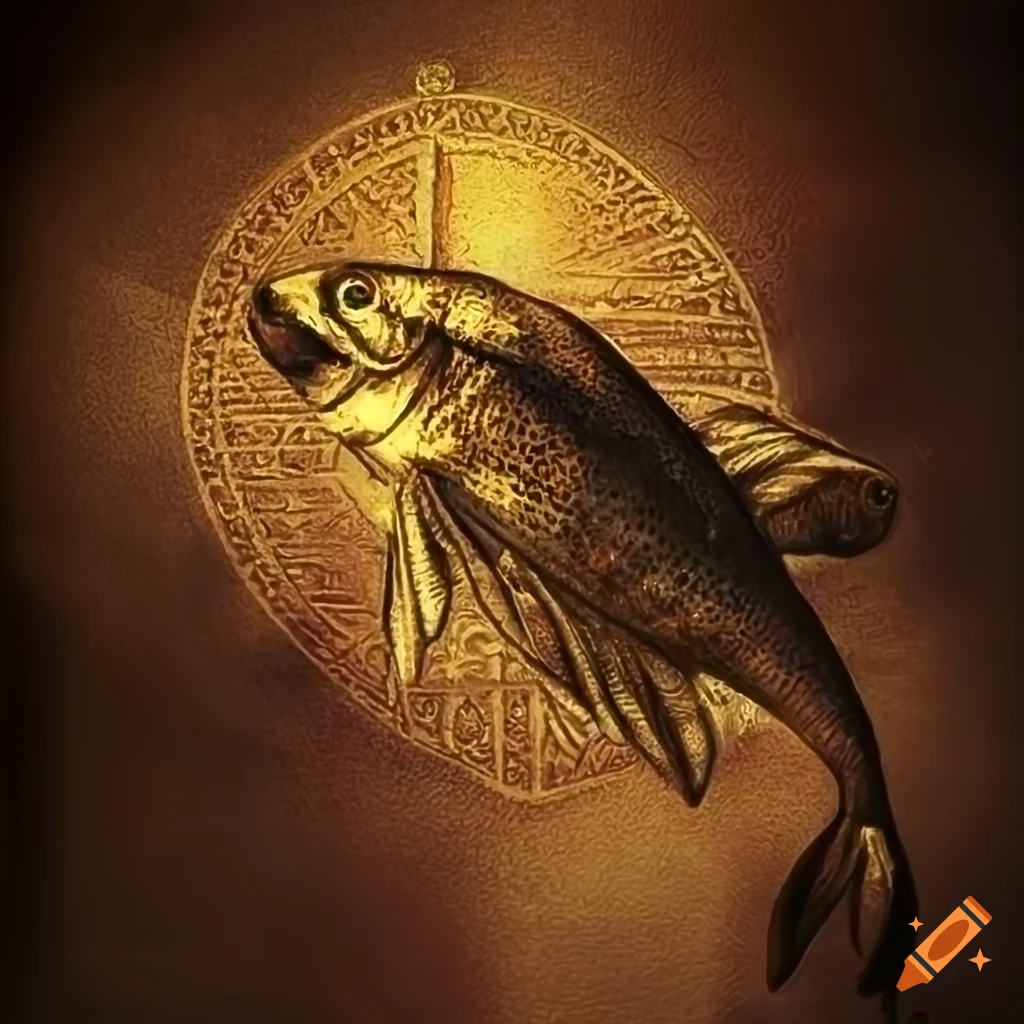 Symbolic artwork of jesus on a golden fish with intricate details on ...