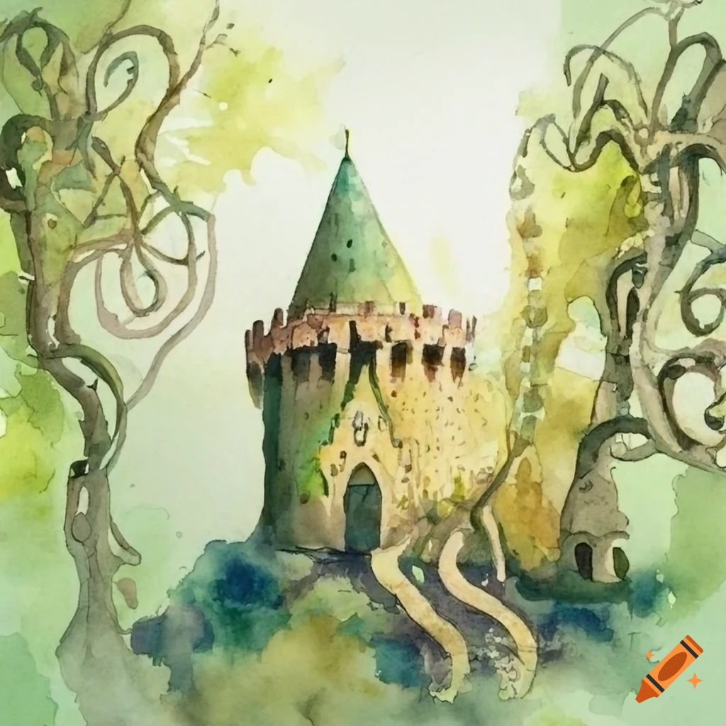 Whimsical watercolor of a medieval castle entwined with vines on Craiyon